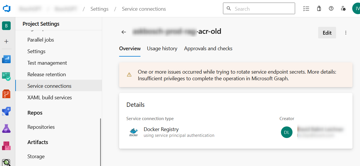AzDO Service Connection - failed to rotate secrets | Zmei’s blog
